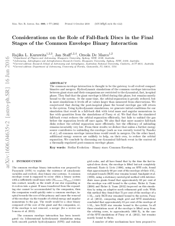 (PDF) Considerations on the role of fall-back discs in the final stages of the common envelope ...