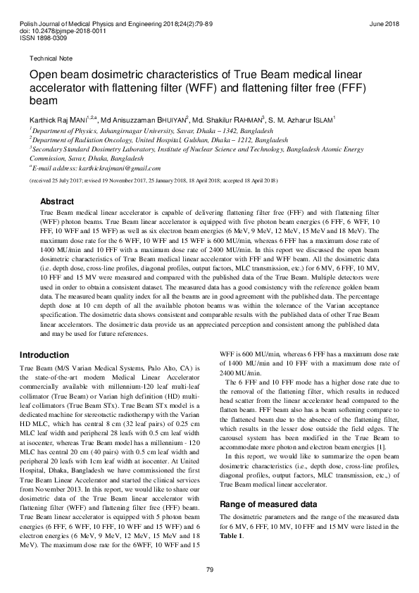 (PDF) Open beam dosimetric characteristics of True Beam medical linear accelerator with ...