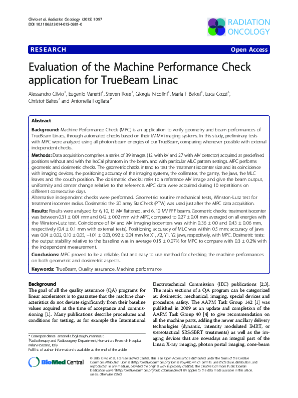 (PDF) Evaluation of the Machine Performance Check application for TrueBeam Linac