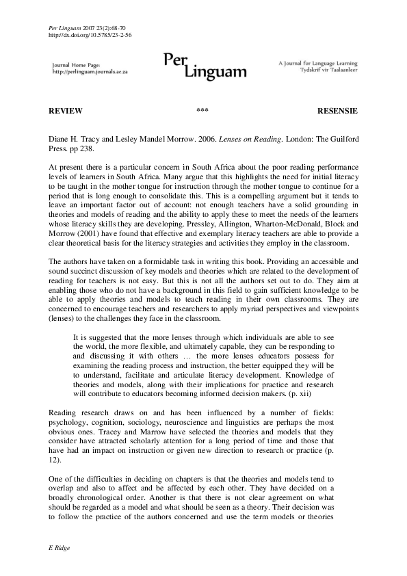 (PDF) Diane H. Tracy and Lesley Mandel Morrow. 2006. Lenses on Reading ...