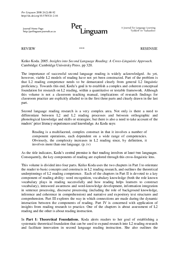 (PDF) Keiko Koda. 2005. Insights into Second Language Reading: A Cross-Linguistic Approach ...