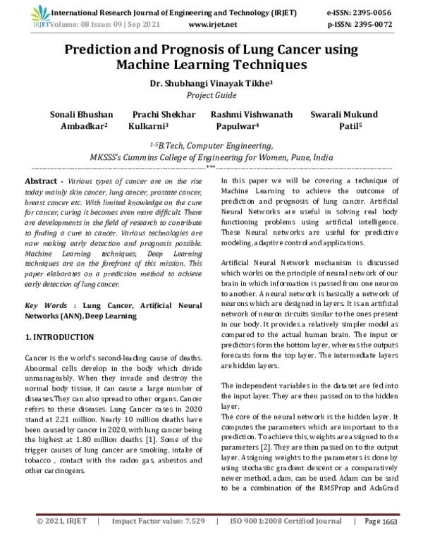 (PDF) IRJET- Prediction and Prognosis of Lung Cancer using Machine ...
