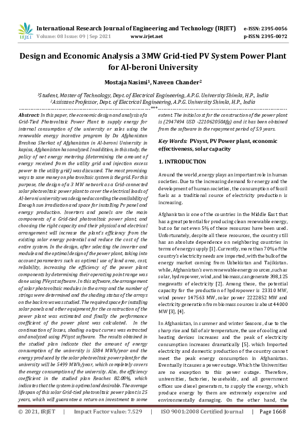 (PDF) IRJET-Design and Economic Analysis a 3MW Grid-Tied PV System ...