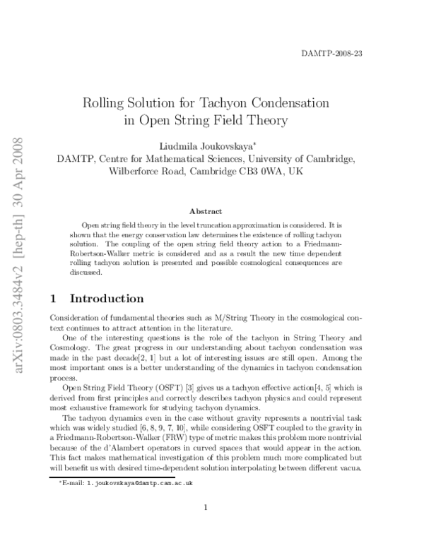 (PDF) Rolling Solution for Tachyon Condensation in Open String Field Theory