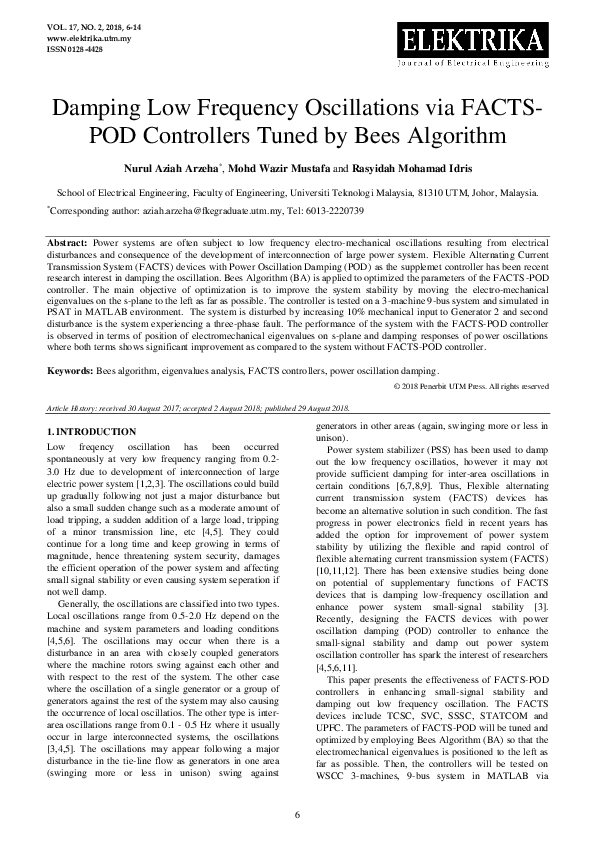 (PDF) Damping Low Frequency Oscillations via FACTS-POD Controllers Tuned by Bees Algorithm