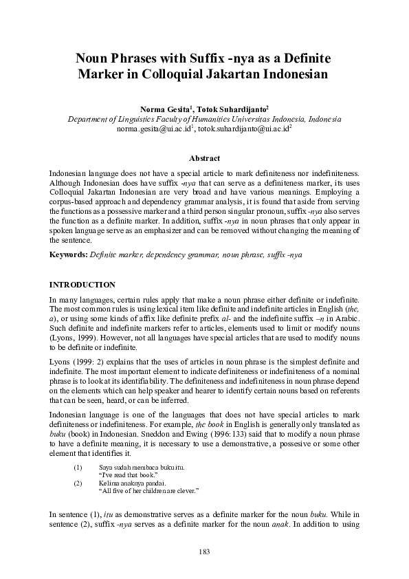 (PDF) Noun Phrases with Suffix -nya as a Definite Marker in Colloquial ...
