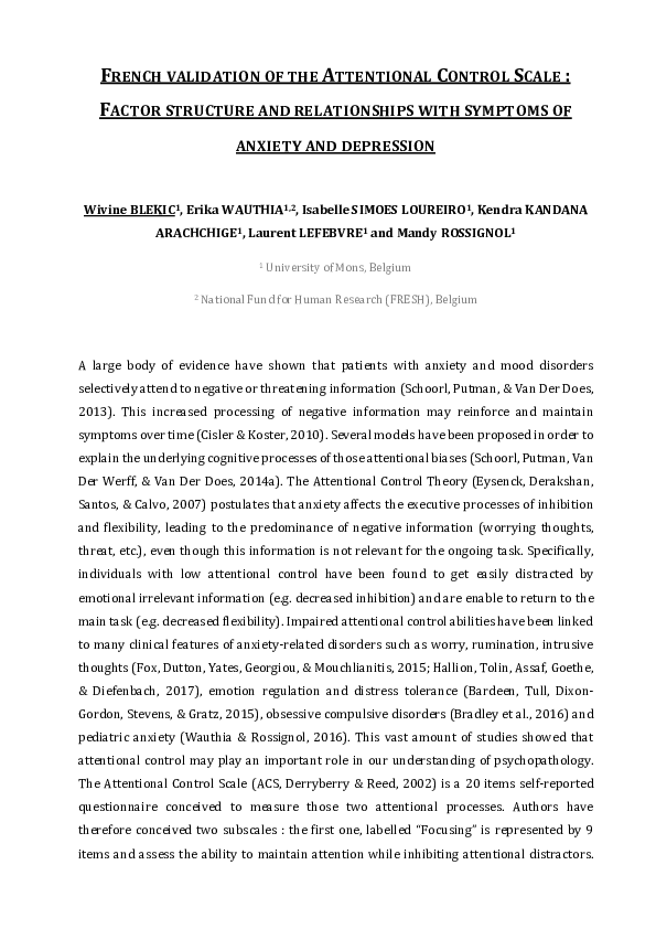 (PDF) French validation of the Attentional Control Scale : Factor ...
