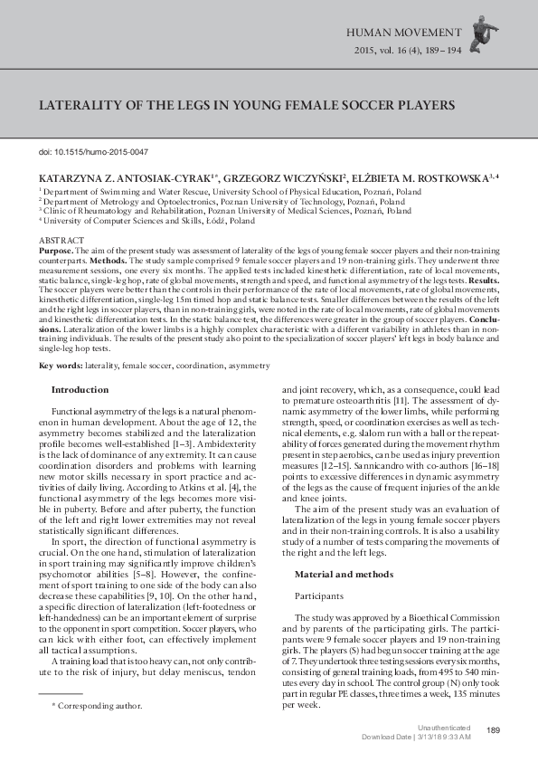 (PDF) Laterality of the legs in young female soccer players