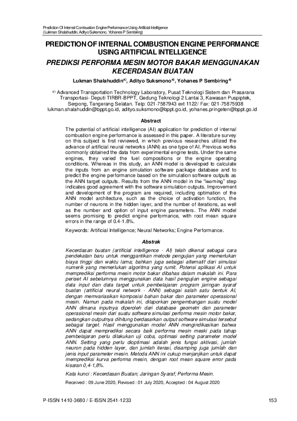 (PDF) Prediction of Internal Combustion Engine Performance Using Artificial Intelligence