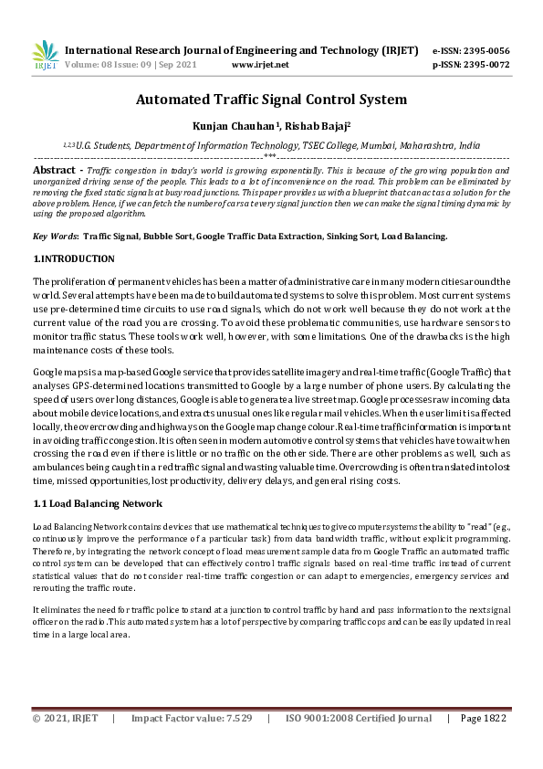 (PDF) IRJET- Automated Traffic Signal Control System