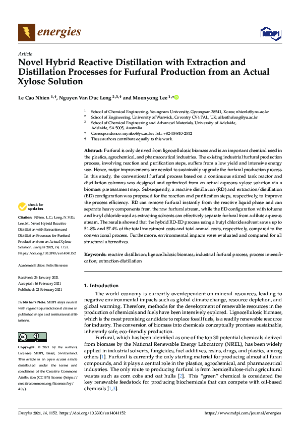 Pdf Novel Hybrid Reactive Distillation With Extraction And Distillation Processes For Furfural
