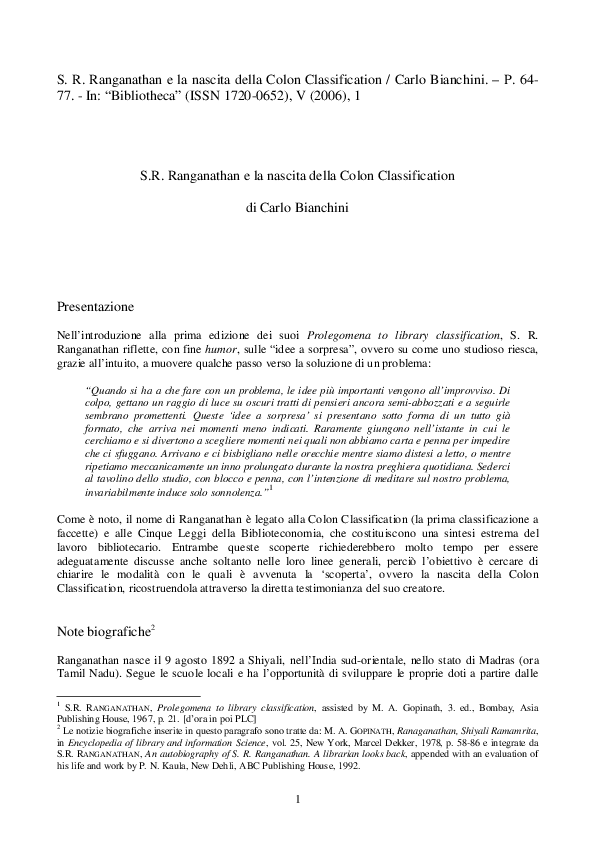 (PDF) S.R. Ranganathan e la nascita della Colon Classification