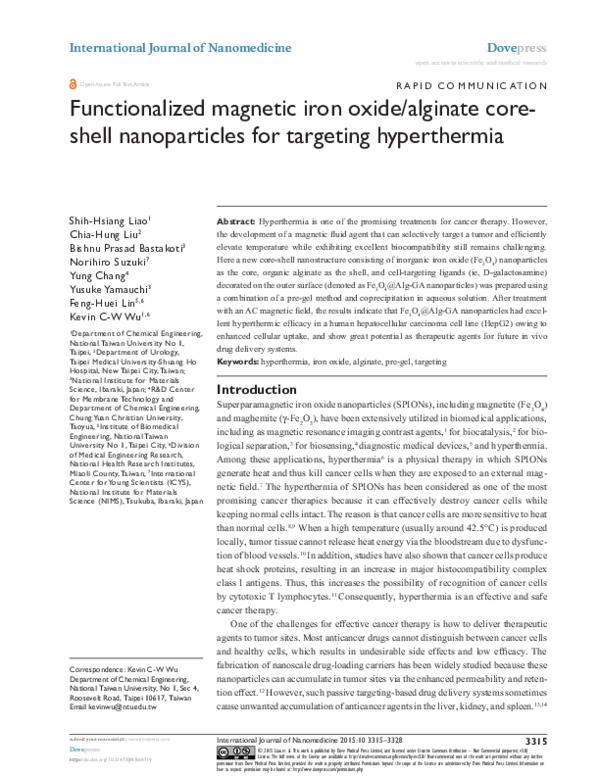 (PDF) Functionalized magnetic iron oxide/alginate core-shell nanoparticles for targeting ...