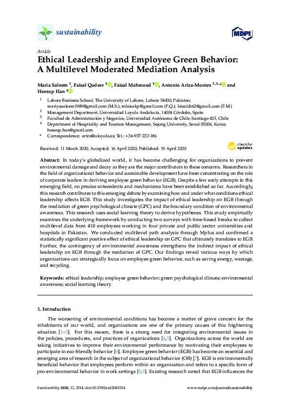 (PDF) Ethical Leadership and Employee Green Behavior: A Multilevel Moderated Mediation Analysis