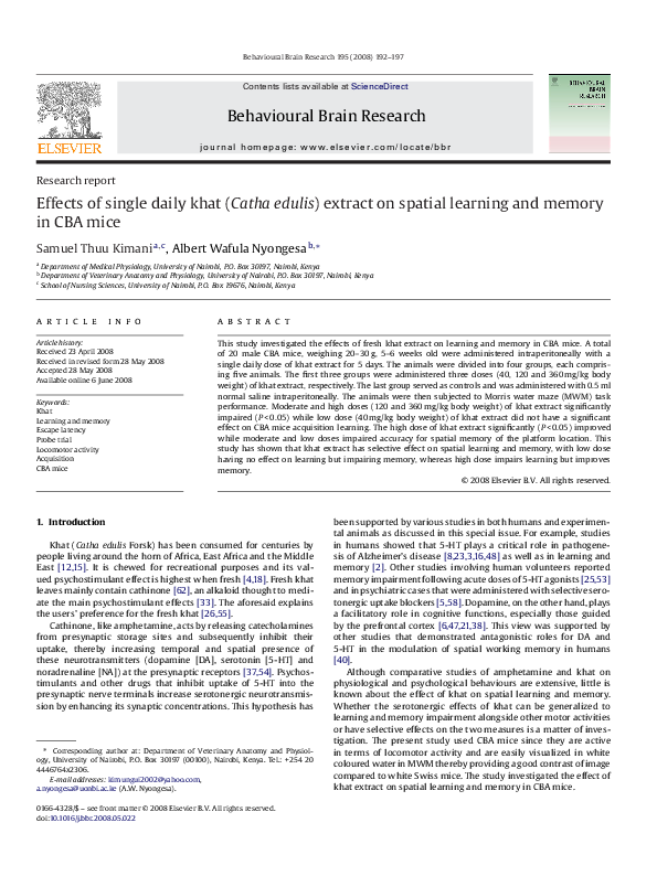 (PDF) Effects of single daily khat (Catha edulis) extract on spatial ...