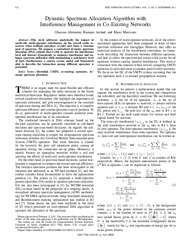 Pdf Dynamic Spectrum Allocation Algorithm With Interference Management In Co Existing Networks