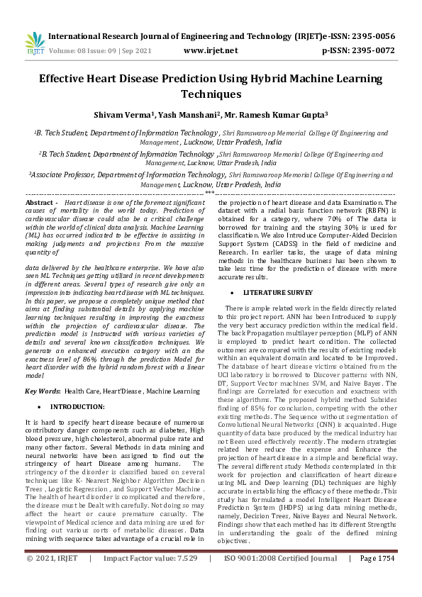 (PDF) IRJET- Effective Heart Disease Prediction Using Hybrid Machine Learning Techniques | IRJET ...