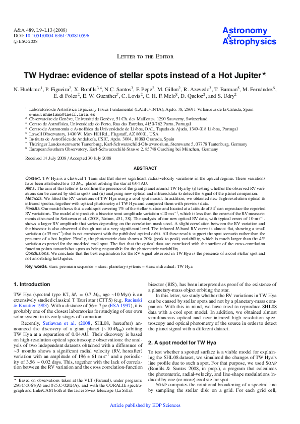 (PDF) TW Hydrae: evidence of stellar spots instead of a Hot Jupiter