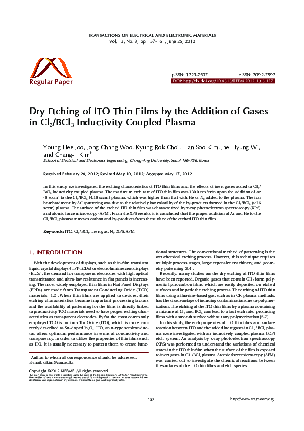 (PDF) Dry Etching of ITO Thin Films by the Addition of Gases in Cl2 ...