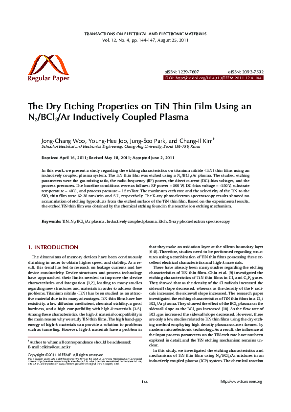 (PDF) The Dry Etching Properties on TiN Thin Film Using an N2/BCl3/Ar Inductively Coupled Plasma