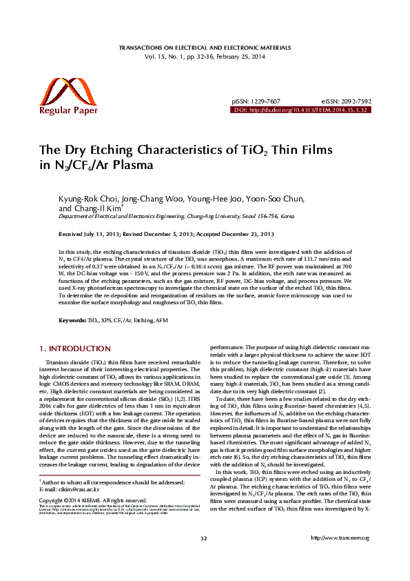 (PDF) The Dry Etching Characteristics of TiO2Thin Films in N2/CF4/Ar Plasma