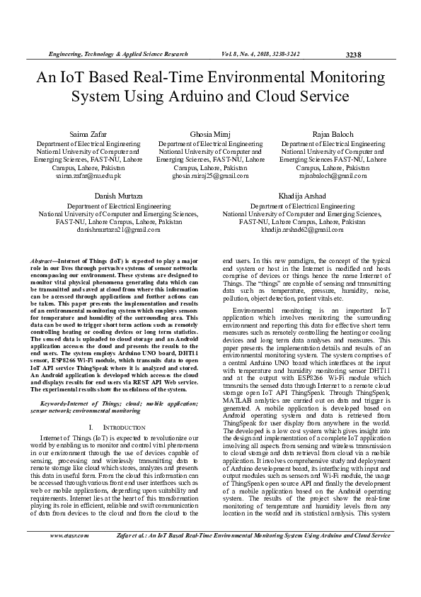 Pdf An Iot Based Real Time Environmental Monitoring System Using Arduino And Cloud Service