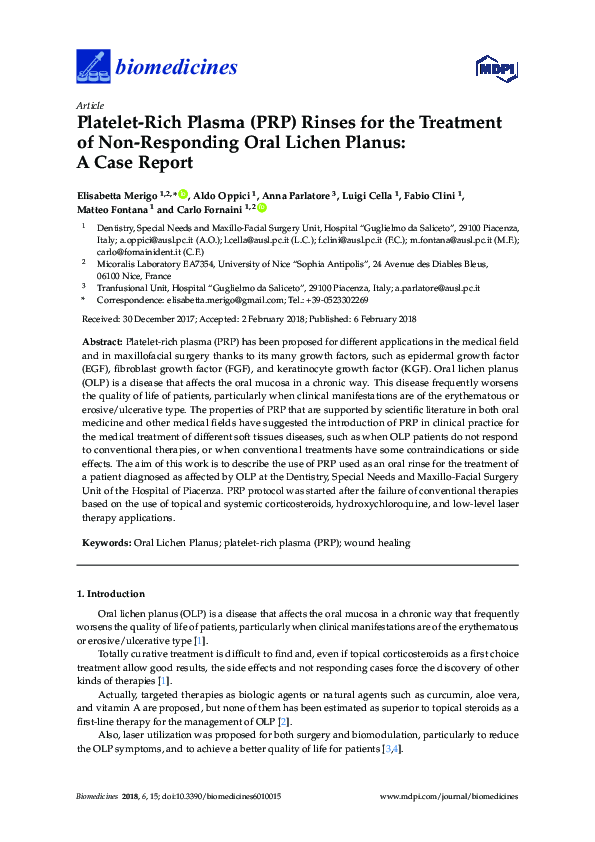 (PDF) Platelet-Rich Plasma (PRP) Rinses for the Treatment of Non-Responding Oral Lichen Planus ...