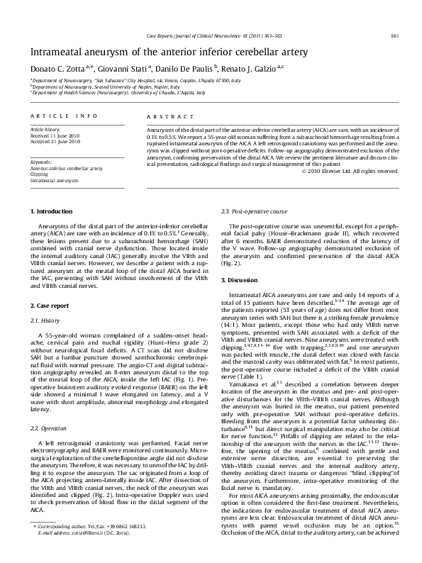 (PDF) Intrameatal aneurysm of the anterior inferior cerebellar artery
