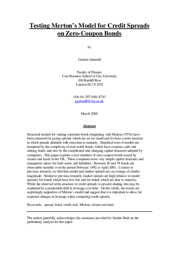 (PDF) Testing Merton's Model for Credit Spreads on Zero-Coupon Bonds