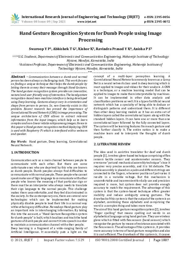 (PDF) IRJET- Hand Gesture Recognition System for Dumb People using ...