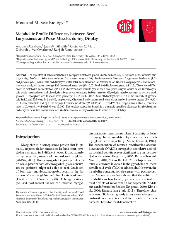 (PDF) Metabolite Profile Differences between Beef Longissimus and Psoas ...