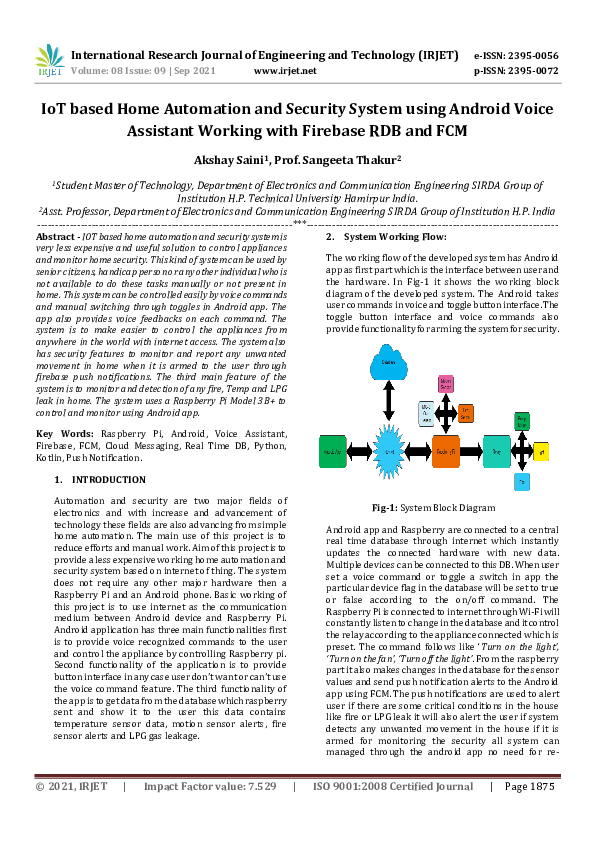 (PDF) IoT based Home Automation and Security System using Android Voice ...