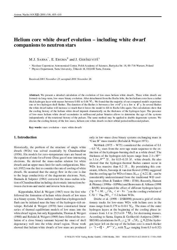 (PDF) Helium core white dwarf evolution -- including white dwarf ...