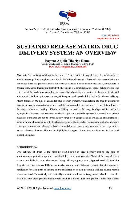 Pdf Sustained Release Matrix Drug Delivery System An Overview