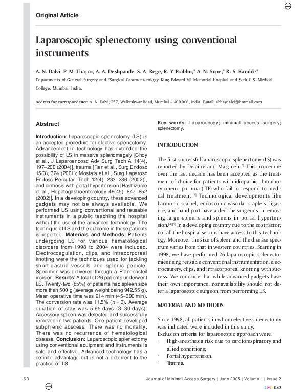 (PDF) Laparoscopic splenectomy using conventional instruments