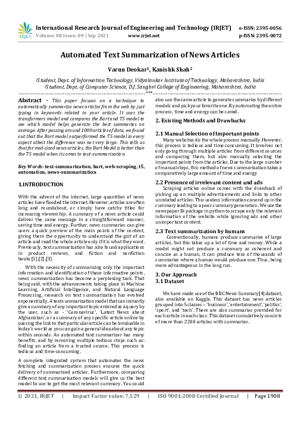 (PDF) Automated Text Summarization of News Articles