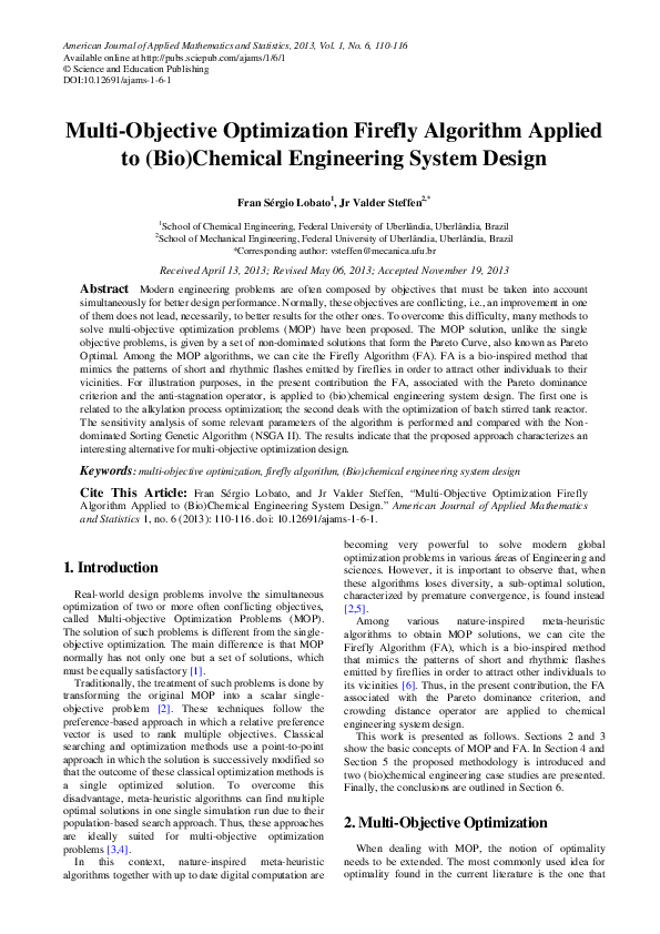 Pdf Multi Objective Optimization Firefly Algorithm Applied To Biochemical Engineering System