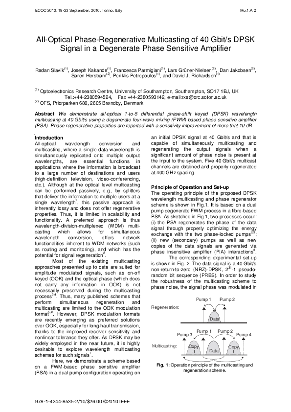 (PDF) All-optical phase-regenerative multicasting of 40 Gbit/s DPSK signal in a degenerate phase ...