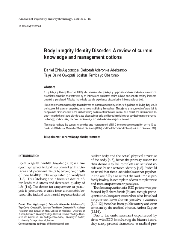 (PDF) Body Integrity Identity Disorder: A review of current knowledge ...