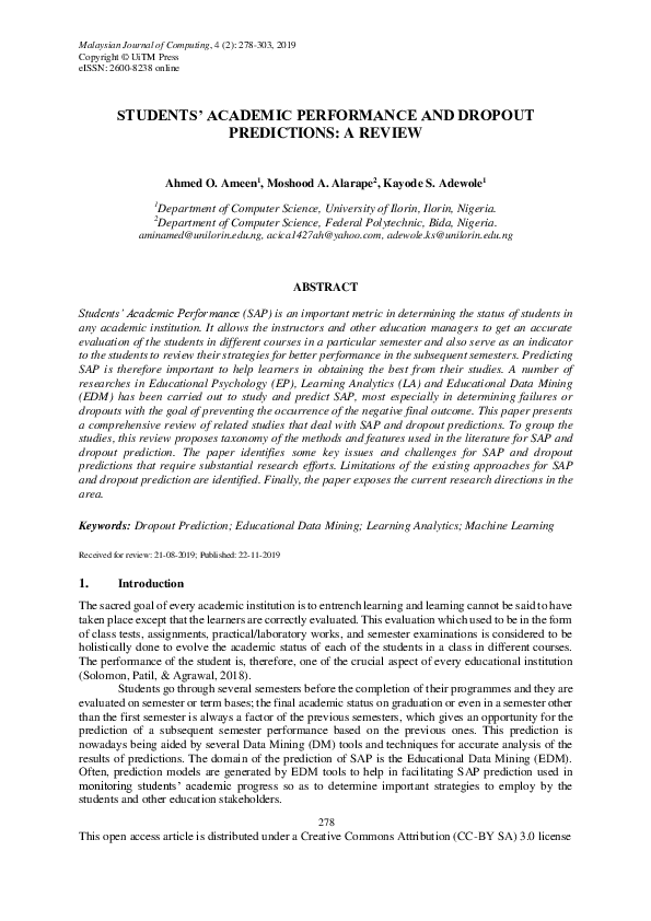 (PDF) Students’ Academic Performance and Dropout Prediction