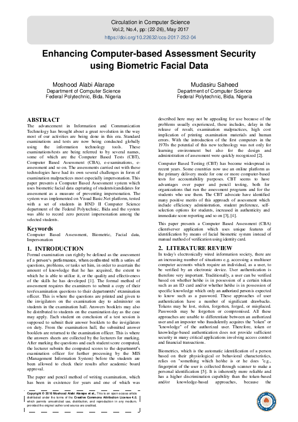 (PDF) Enhancing Computer-based Assessment Security using Biometric Facial Data