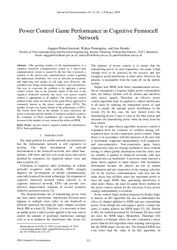Pdf Power Control Game Performance In Cognitive Femtocell Network