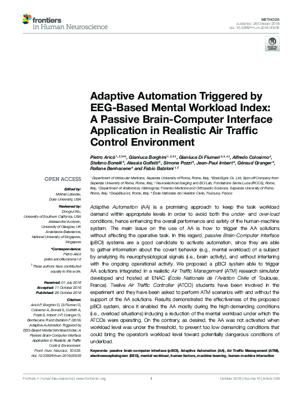 Pdf Adaptive Automation Triggered By Eeg Based Mental Workload Index