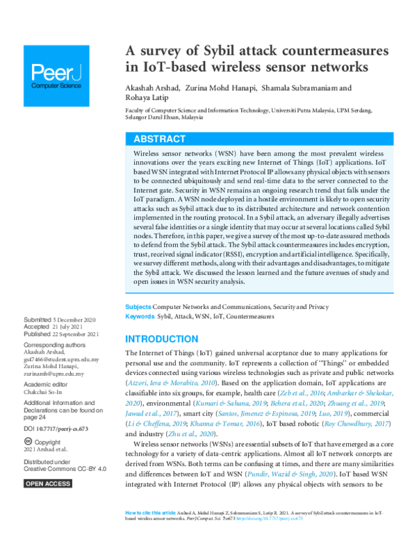 Pdf A Survey Of Sybil Attack Countermeasures In Iot Based Wireless Sensor Networks 
