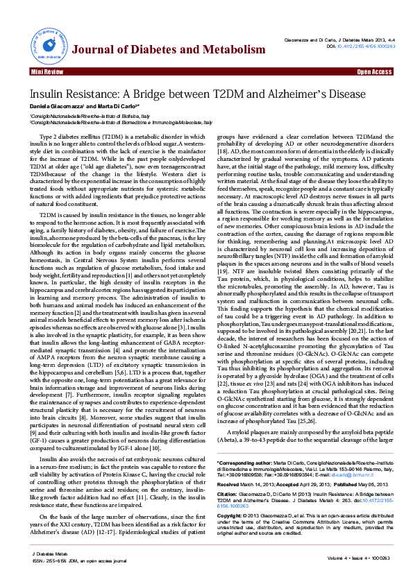(PDF) Insulin Resistance: A Bridge between T2DM and Alzheimer’s Disease