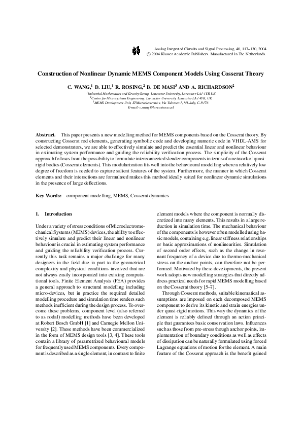 Pdf Construction Of Nonlinear Dynamic Mems Component Models Using