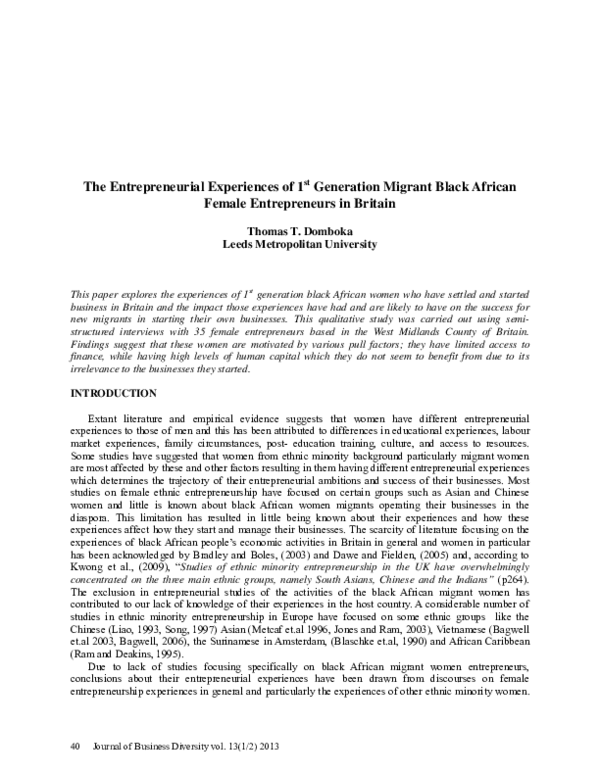 (PDF) The Entrepreneurial Experiences of 1st Generation Migrant Black ...