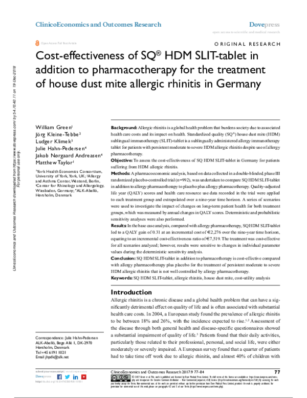 (PDF) Cost-effectiveness of SQ(®) HDM SLIT-tablet in addition to ...