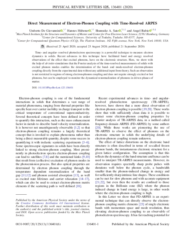 (PDF) Direct Measurement of Electron-Phonon Coupling with Time-Resolved ARPES | Umberto de ...