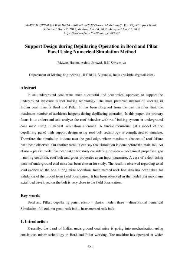 (PDF) Support Design during Depillaring Operation in Bord and Pillar ...